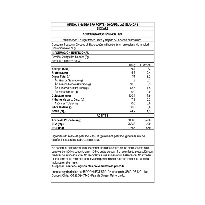 Omega 3 - Mega EPA Forte - Aceite de Pescado - 60 cápsulas- Biocare ...